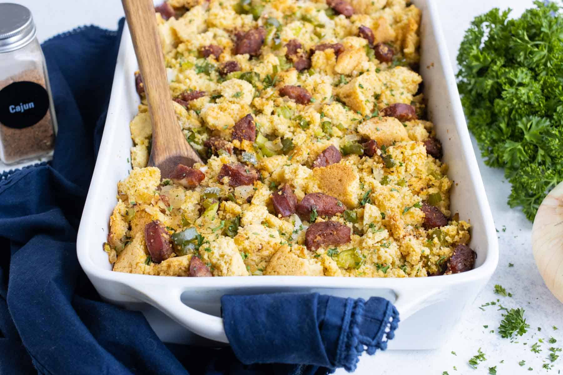 Cajun Cornbread Dressing with Sausage - Evolving Table