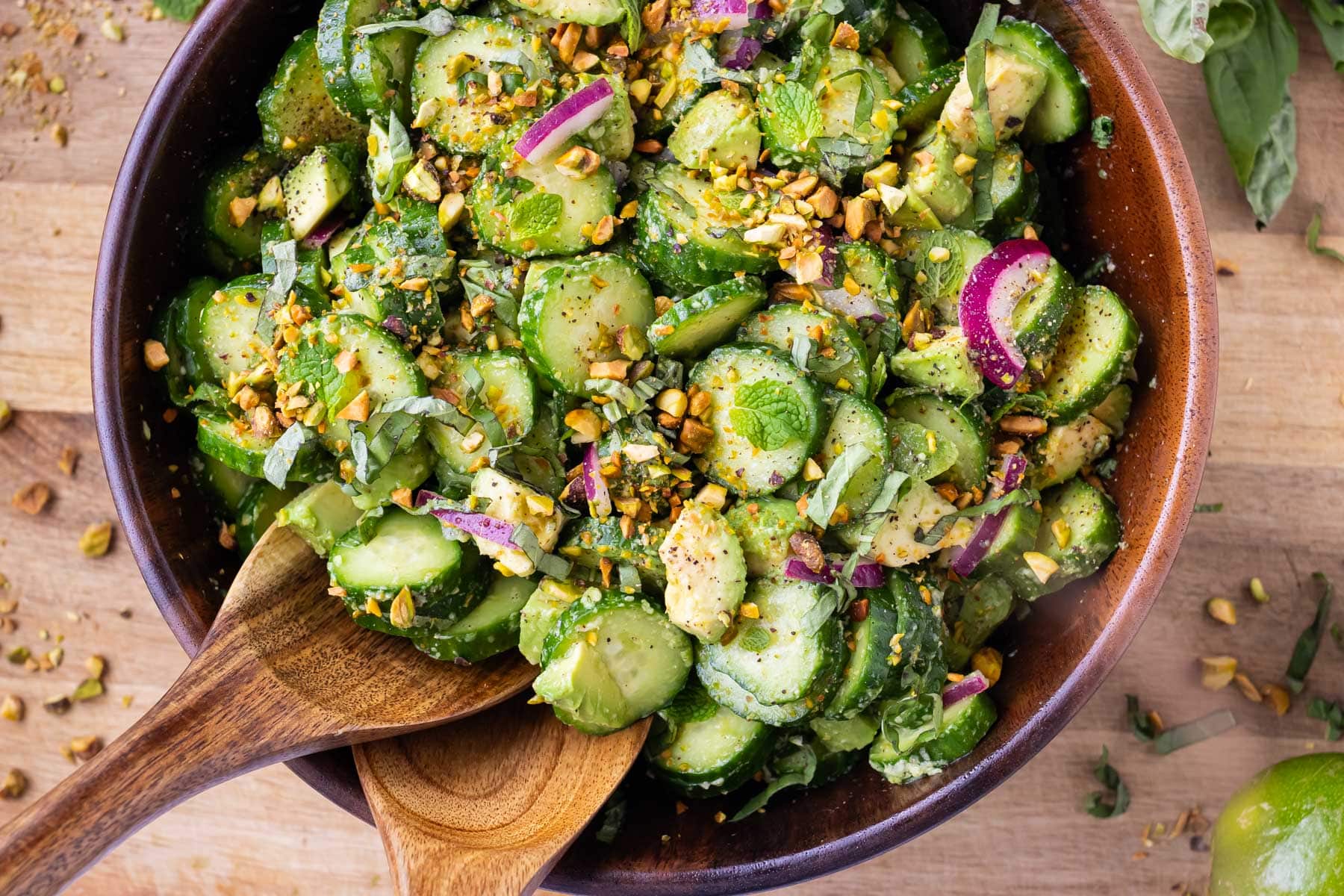 Pistachio Crunch Cucumber Avocado Salad - Evolving Table