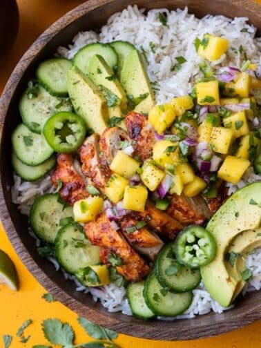 Mango Chipotle Chicken Rice Bowls Recipe - Evolving Table